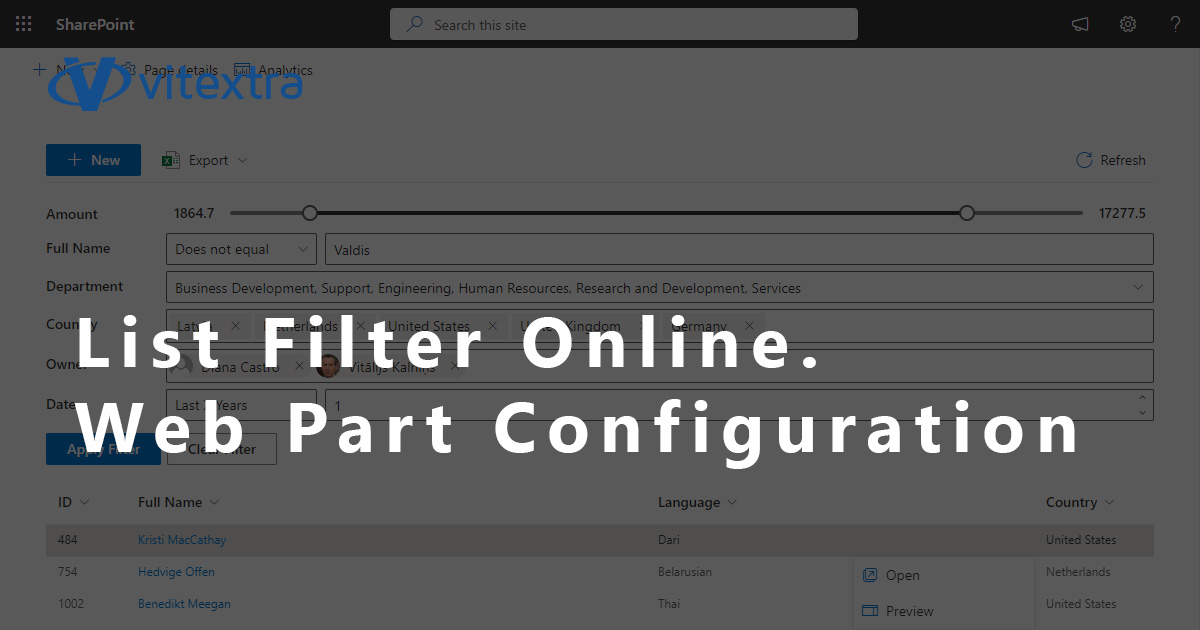 List Filter Online. Web Part Configuration - Vitextra